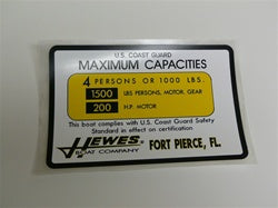 Capacity Plate for Hewes Boat 4 Persons/1000lbs, 1500lbs total, 200HP ...