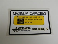 Capacity Plate for Hewes Boat 5 Persons/1200lbs, 1500lbs total, 250HP ...