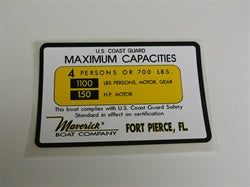 Capacity Plate for Maverick Boat 4 Persons/700lbs, 1100lbs total, 150HP ...