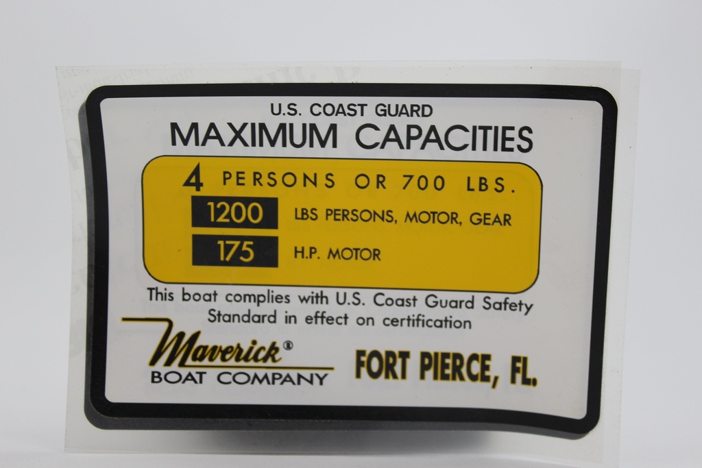 Capacity Plate for Maverick Boat 4 Persons/700lbs, 1200lbs total, 175HP ...